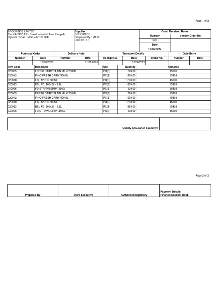 Brookside Limited supplier delivery note | PDF | Food Industry | Food ...