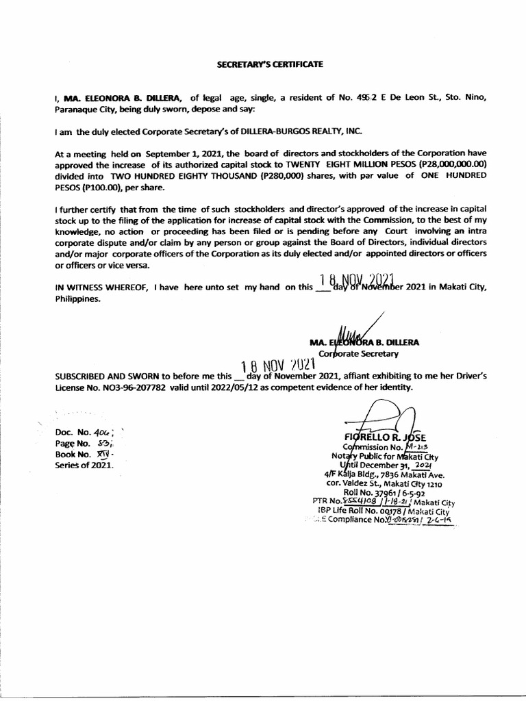 7 Secretary's Certificate on no pending case of Intra-Corporate dispute ...