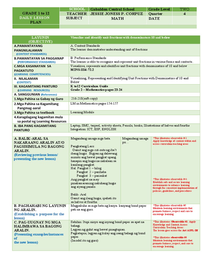 Daily Lesson: GRADE 1 To 12 Plan Gabaldon Central School Grade Level ...