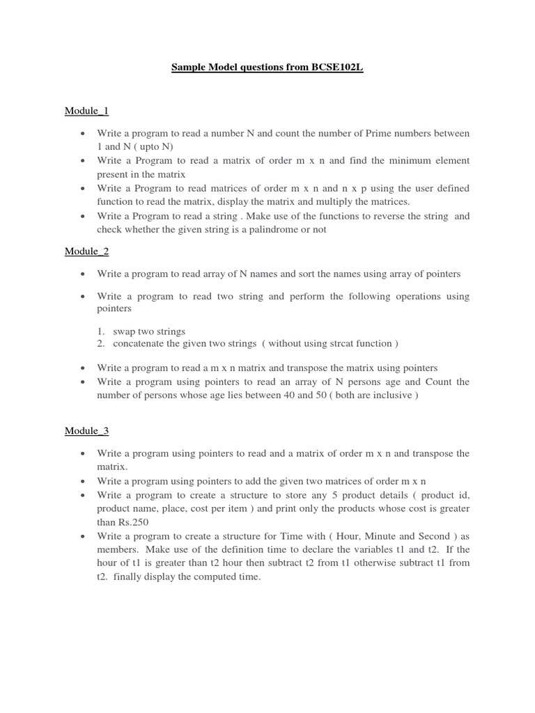 BCSE102L Sample Programming Questions | PDF | Matrix (Mathematics ...