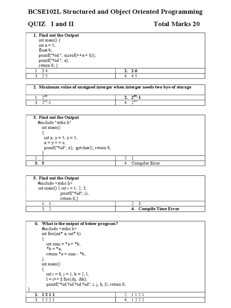 Winsem2021-22 Bcse102l TH Vl2021220504676 Da-2 Quiz-1 QP Key Quiz Bcse102l Structured and Object ...