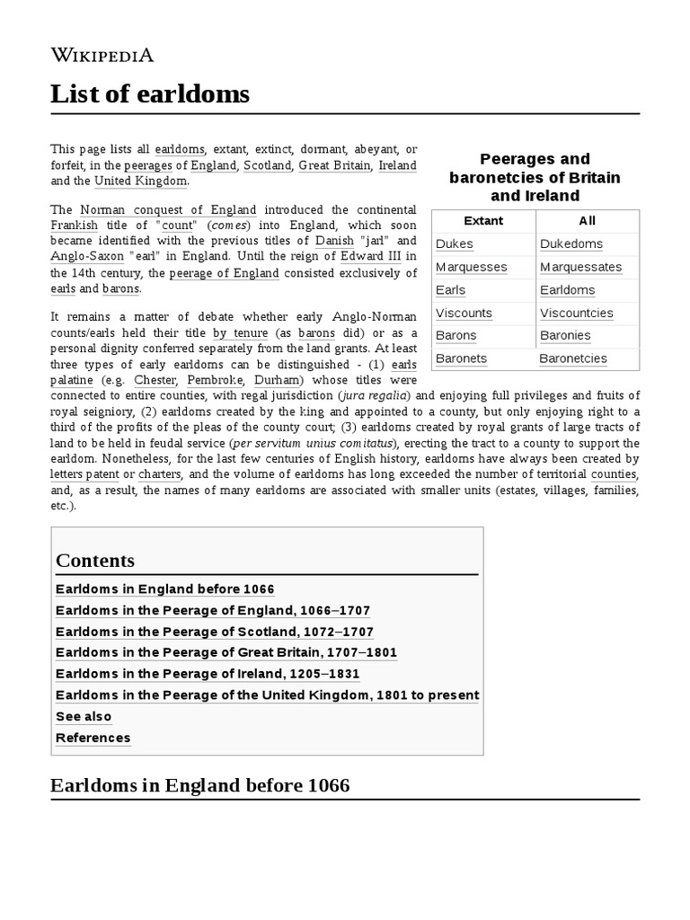List of Earldoms (Wikipedia) | PDF | Earl | Baron
