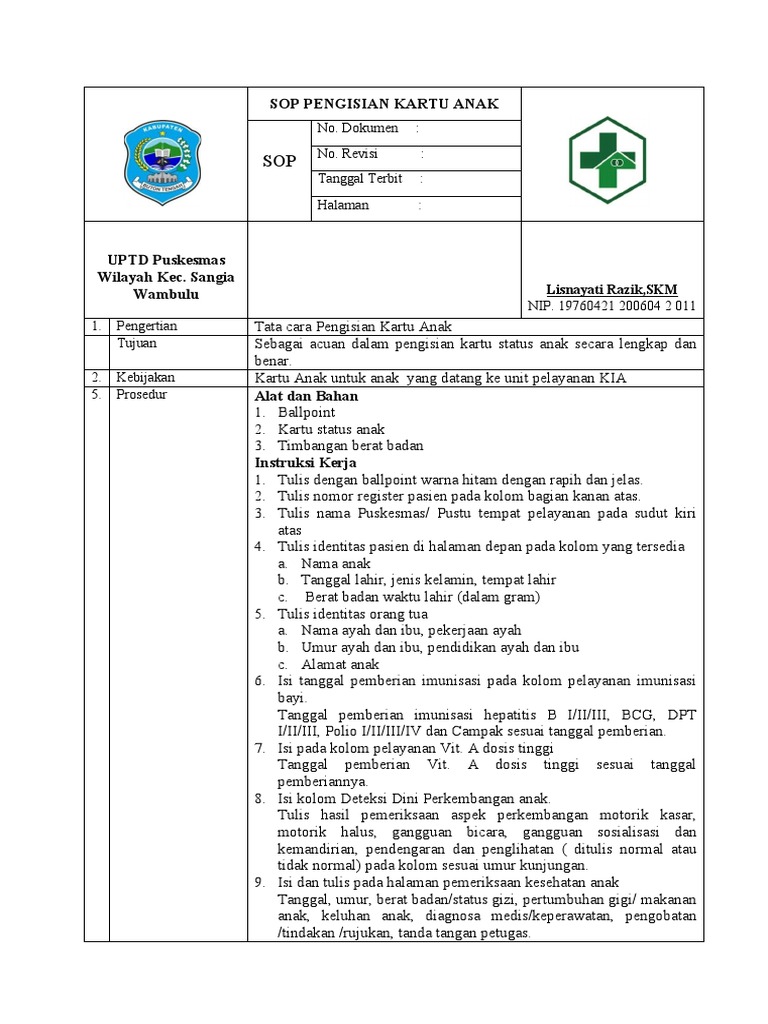 Sop Pengisian Kartu Anak | PDF