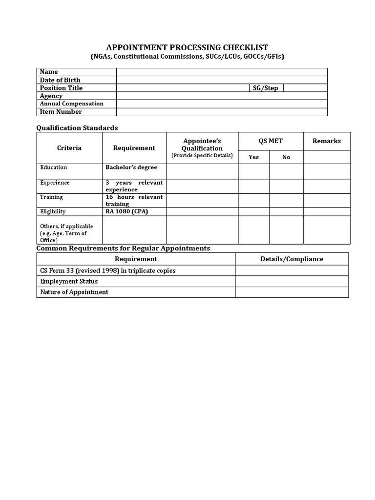 Appointment Processing Checklist: Qualification Standards | PDF ...