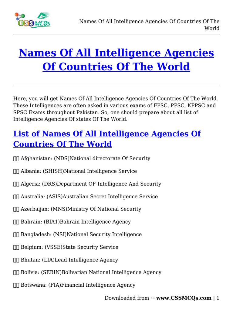 Names of All Intelligence Agencies of Countries of The World | PDF ...
