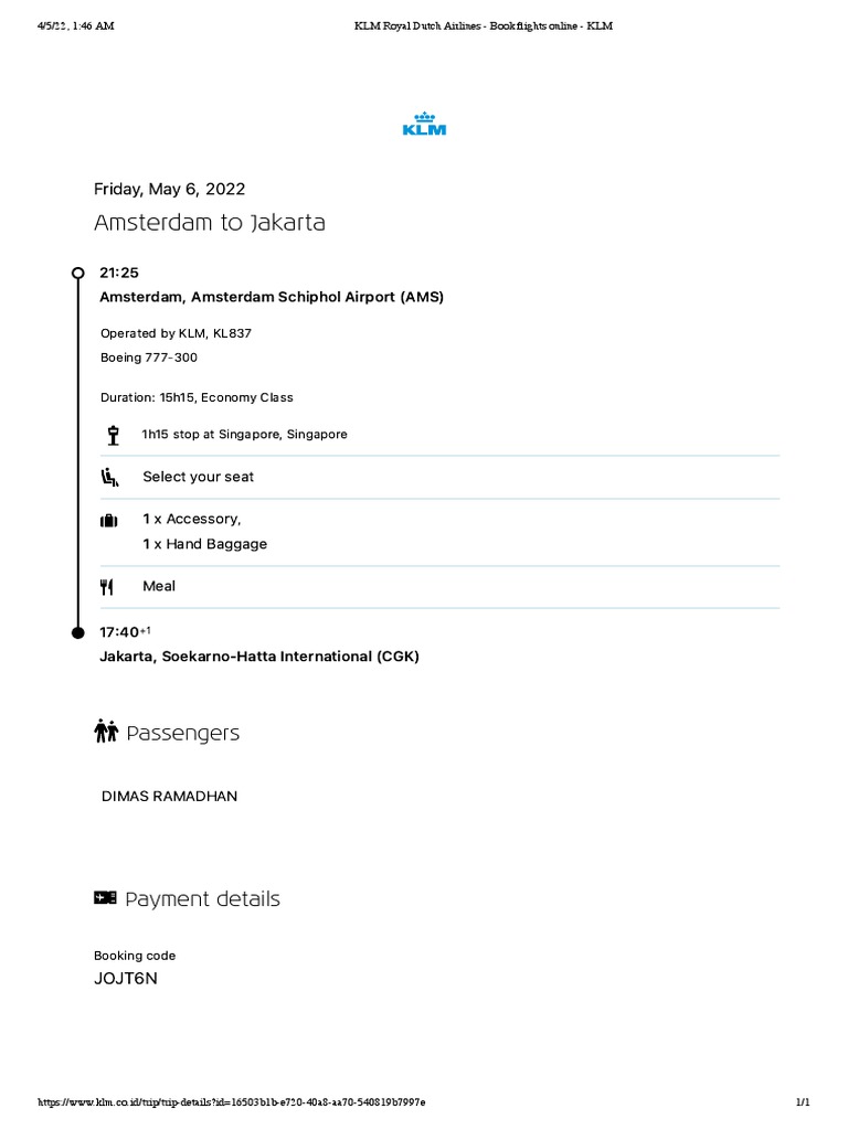 KLM Flight Itinerary: Amsterdam to Jakarta | PDF | Computers ...