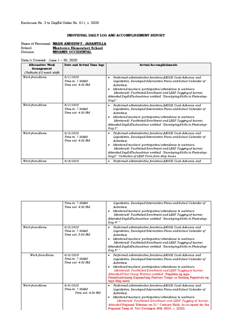 Individual Daily Log and Accomplishment Report: Enclosure No. 3 To ...