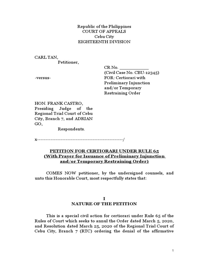 Petition For Certiorari Under Rule 65 (With Prayer For Issuance of Preliminary Injunction And/or ...