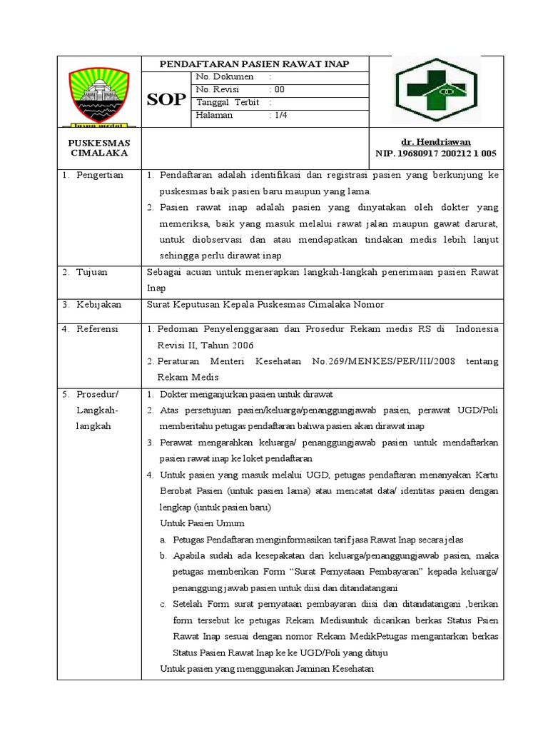 7.1.1.1 A Sop Pendaftaran Rawat Inap | PDF | Pengelolaan Keuangan & Uang | Hukum