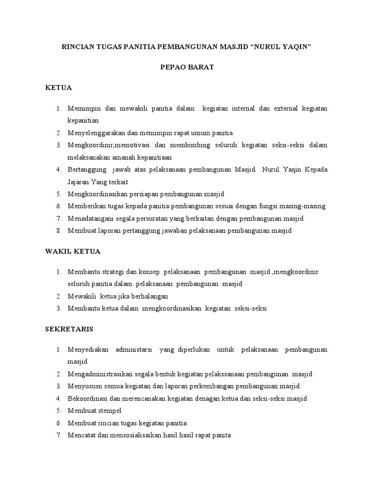 Rincian Tugas Panitia Pembangunan Masjid Nurul Yaqin Pepao Barat | PDF Rincian Tugas Panitia Pembangunan Masjid Nurul Yaqin Pepao Barat | PDF