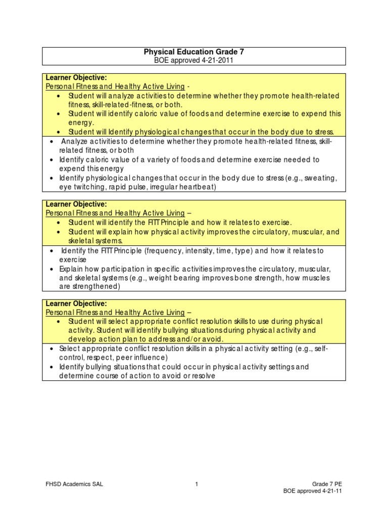 Physical Education Grade 7: Learner Objective | PDF | Physical Fitness ...