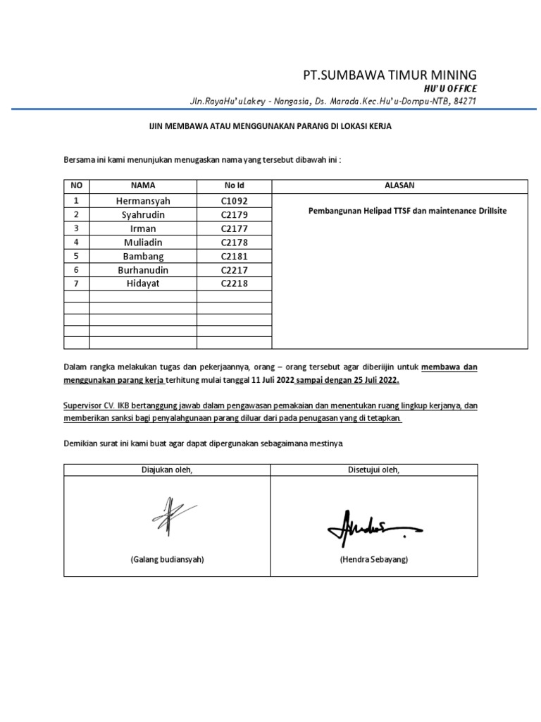 Surat Ijin Penggunaan Parang IKN | PDF