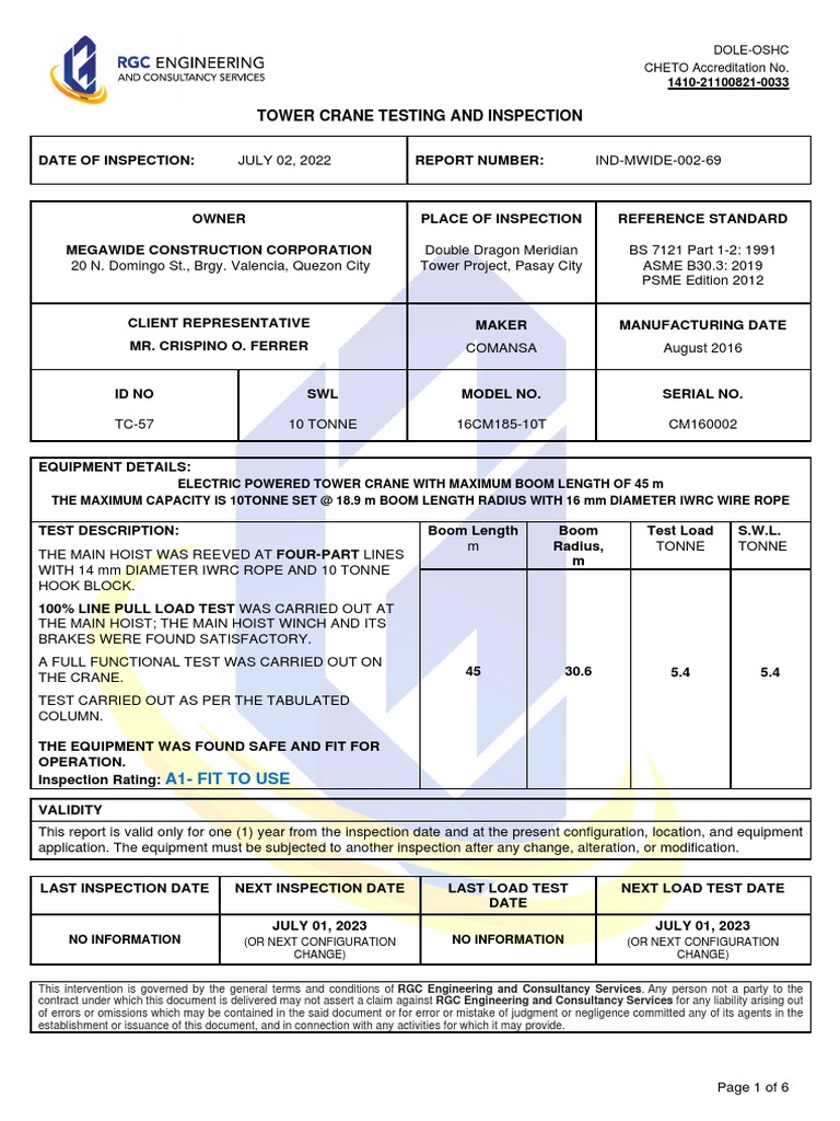 Tower Crane Inspection Report Detailing Testing and Equipment ...