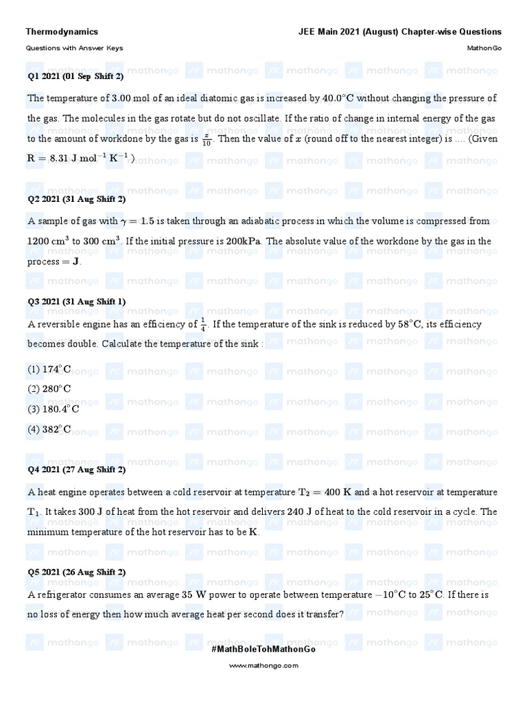 Thermodynamics - JEE Main 2021 August Chapter-Wise - MathonGo | PDF | Gases | Heat