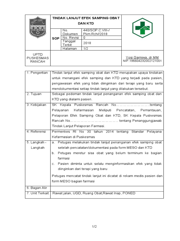 8.2.4.4 Sop Tindak Lanjut Efek Samping Obat Dan KTD | PDF