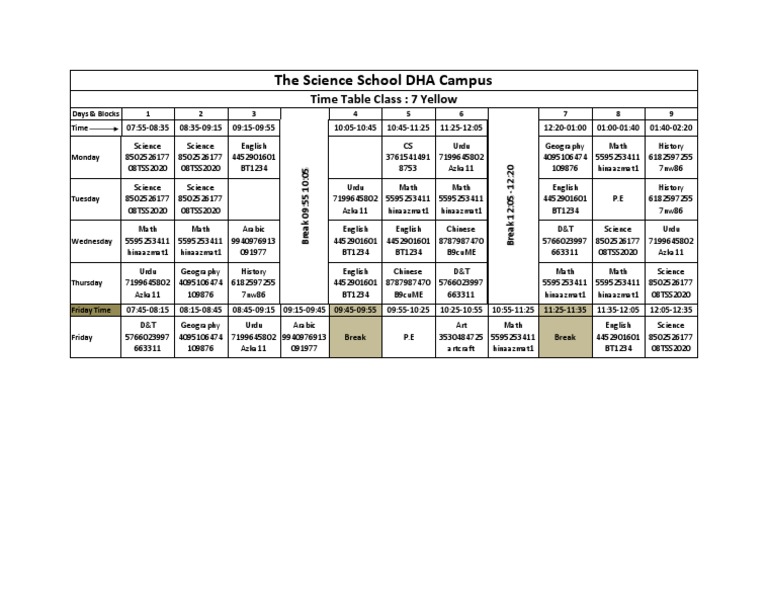 The Science School DHA Campus: Time Table Class: 7 Yellow | PDF