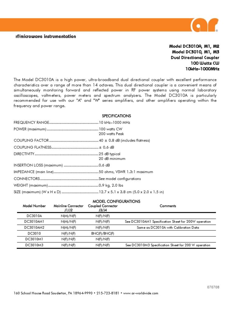 Model Dc3010A, M1, M2 Model Dc3010, M1, M3 Dual Directional Coupler 100 ...