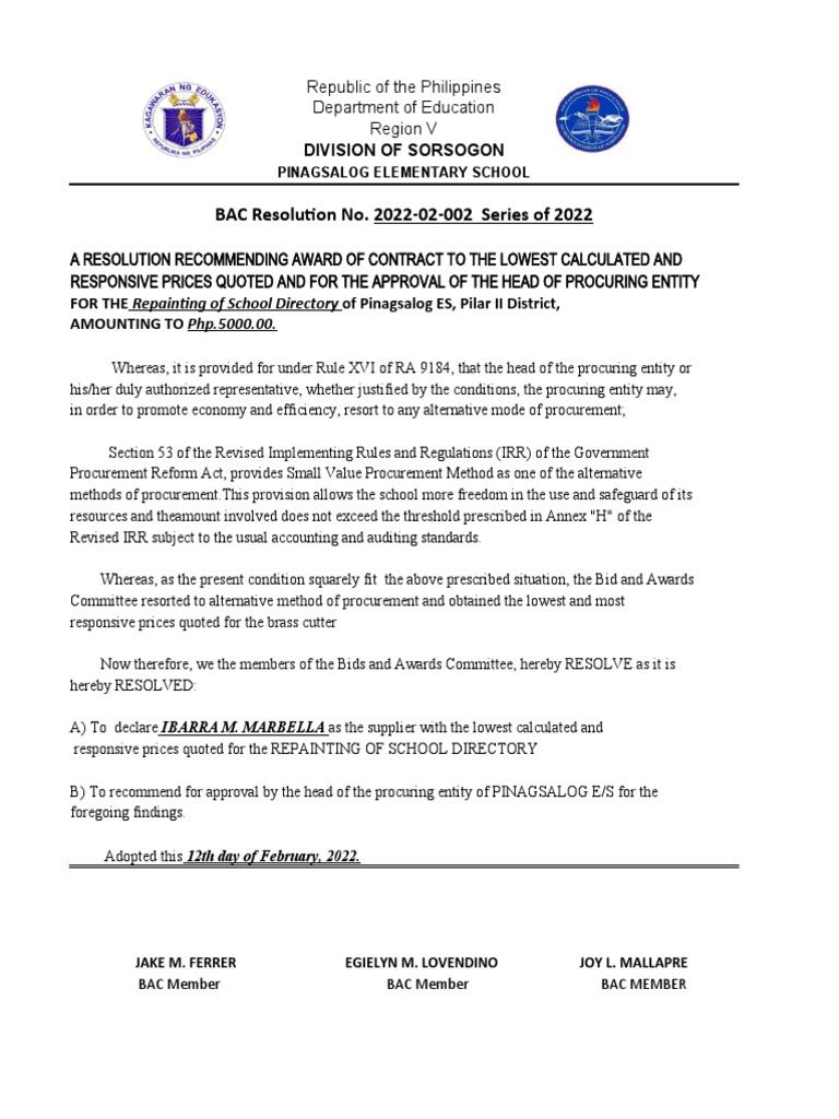 BAC Resolution No. 2022-02-002 Series of 2022 | Download Free PDF ...