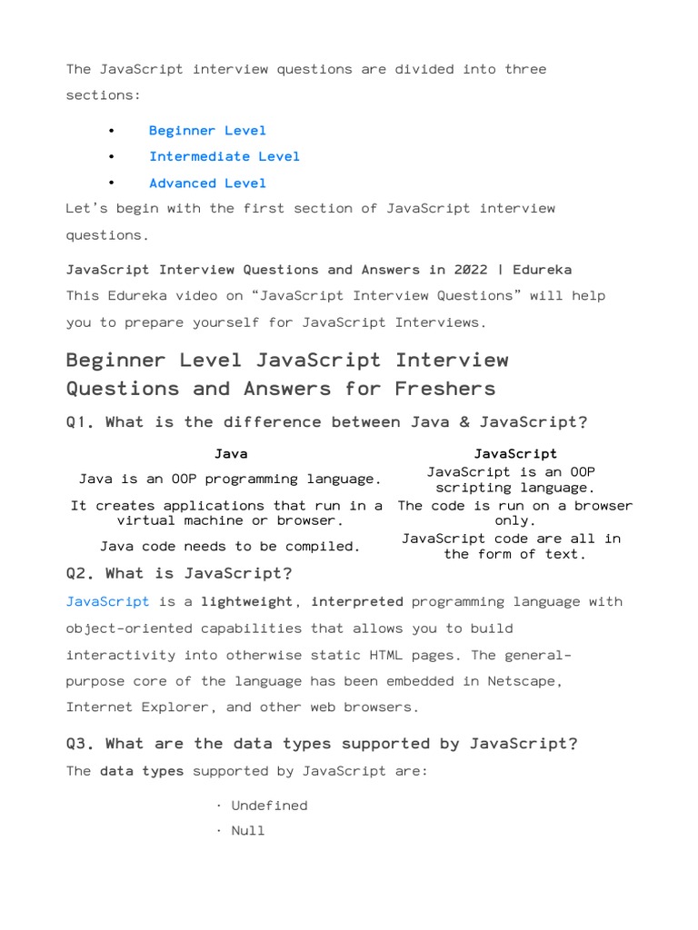 Beginner Level Javascript Interview Questions and Answers For Freshers ...