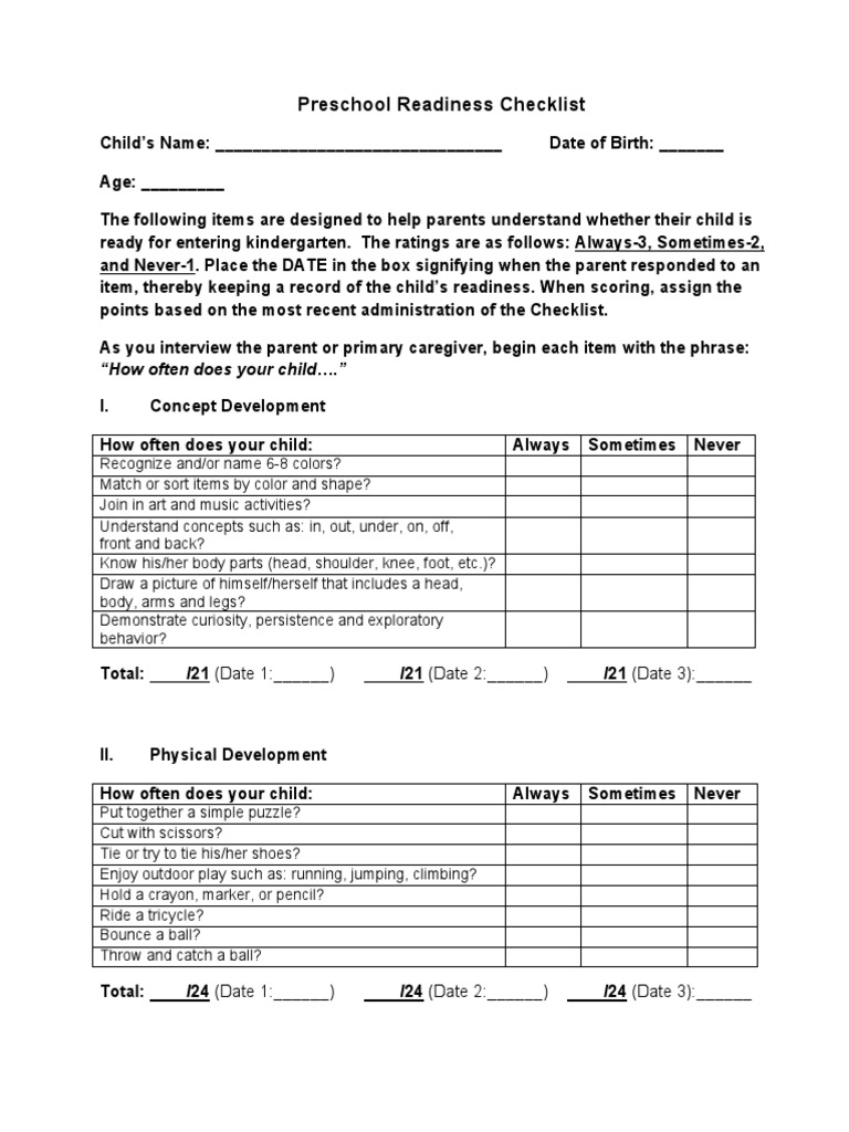 Preschool Readiness Checklist: "How Often Does Your Child ." | PDF ...