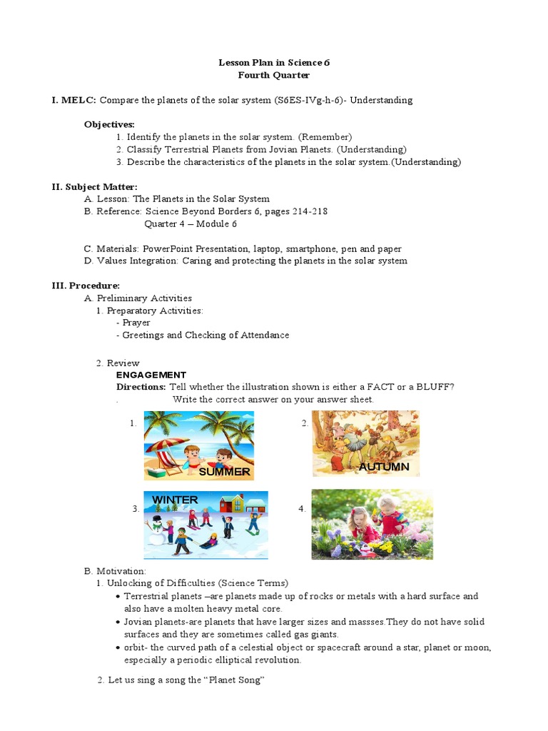Lesson Plan in Science 6 Fourth Quarter I. Melc: Compare The Planets of ...
