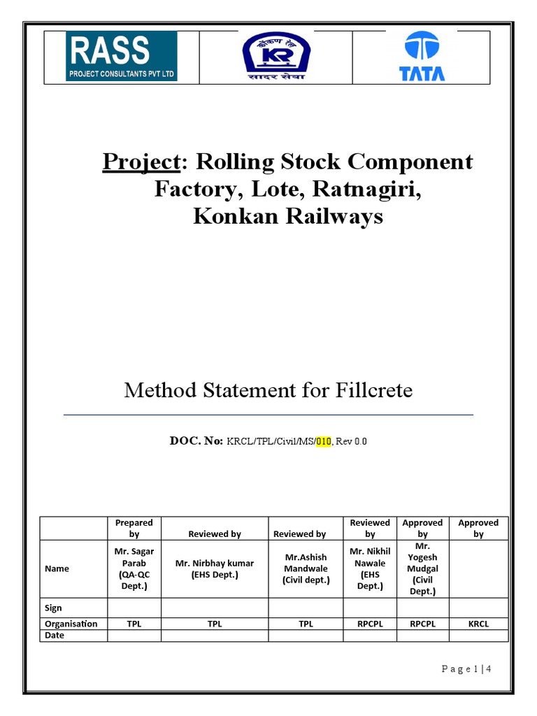 Fillcrete Method Statement for Construction | PDF | Concrete | Safety