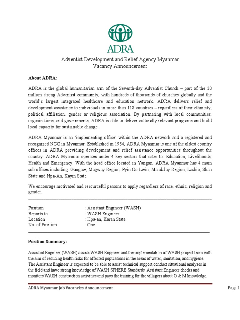 ADRA Myanmar Job Vacancy Assistant Engineer WASH RECAP Deadline 27th ...