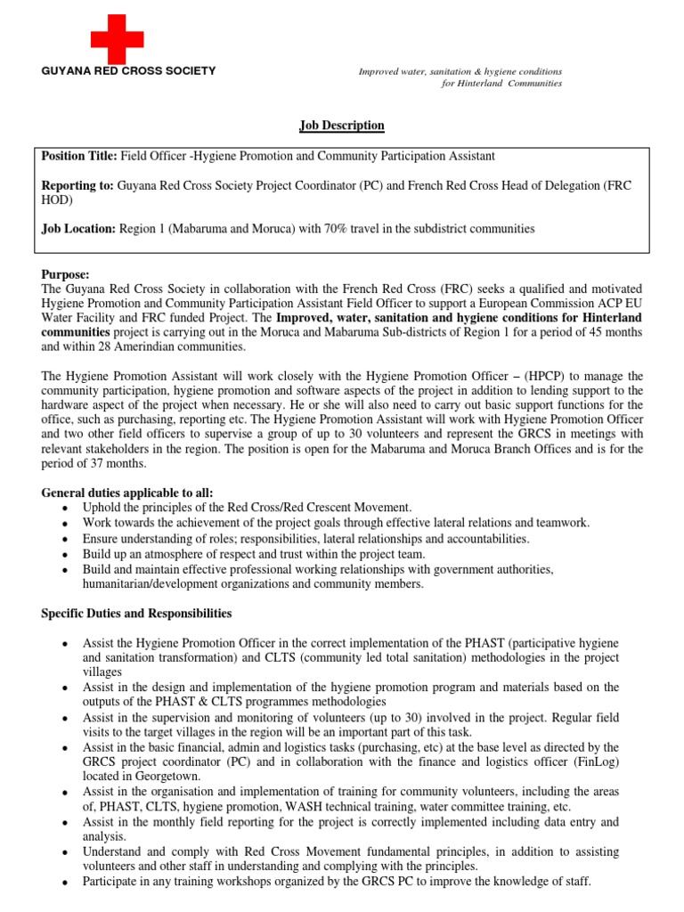 Job Description - Hygiene Promotion Assistant Officer | PDF ...
