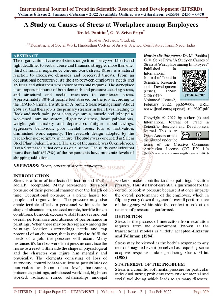 A Study On Causes of Stress at Workplace Among Employees | PDF | Occupational Stress | Stress ...