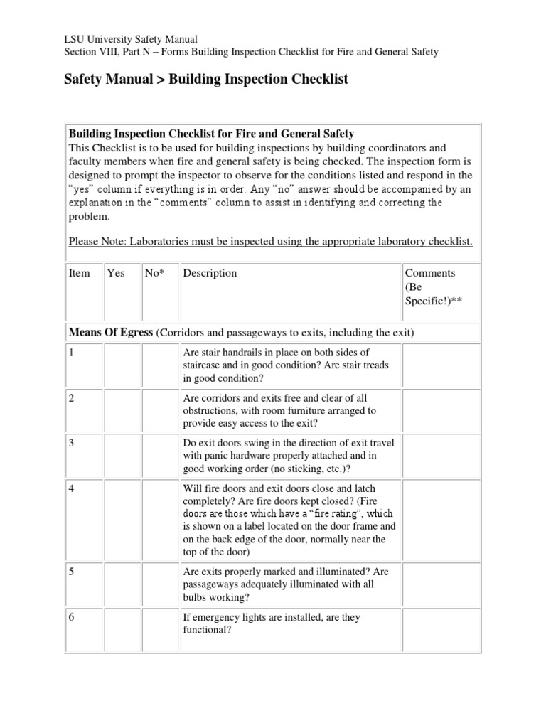Building Inspection Checklist For Fire and General Safety | PDF ...