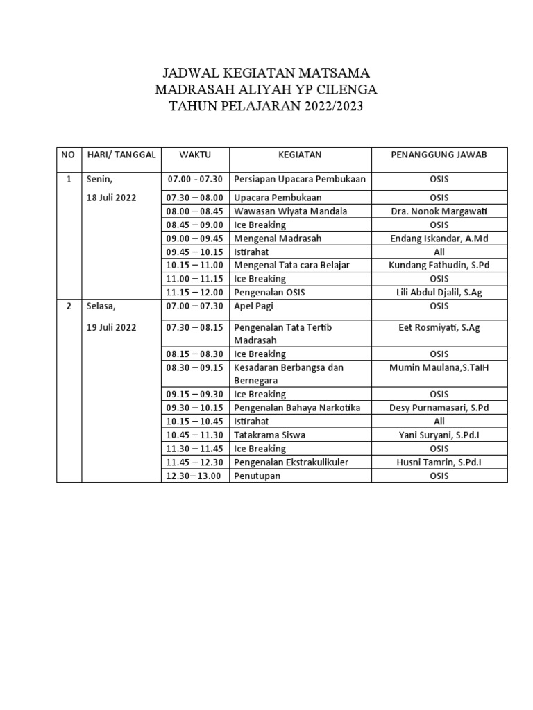 Jadwal Kegiatan Matsama 2 | PDF
