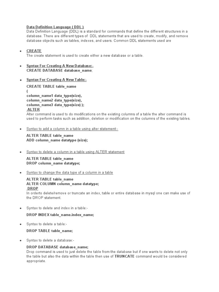 Data Definition Language | PDF | Database Index | Databases