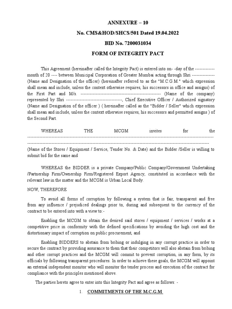 Annexure - 10 Form of Integrity Pact | PDF | Procurement | Bribery