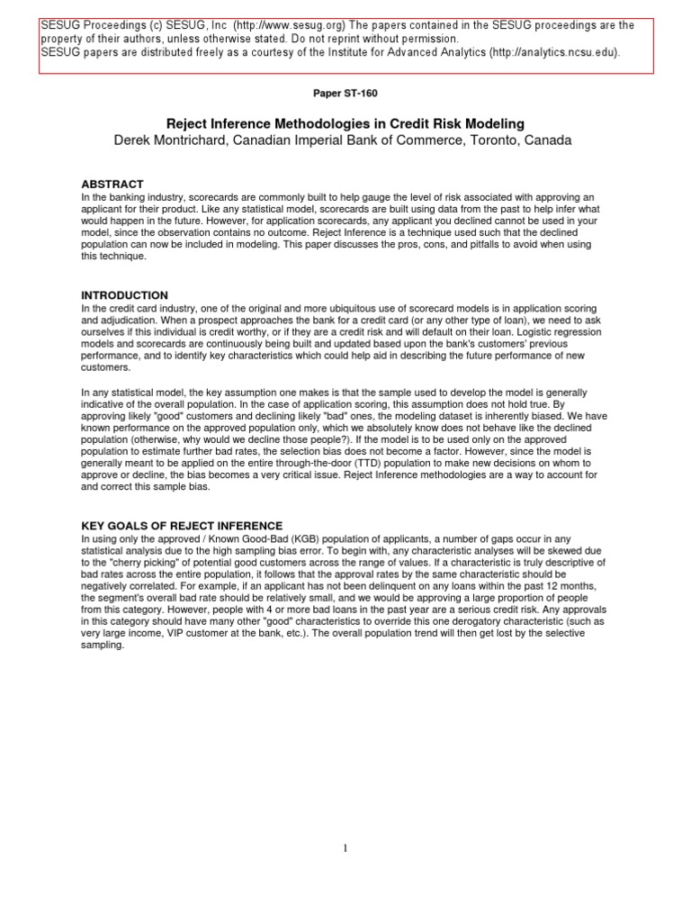 Reject Inference Methodologies in Credit Risk Modeling | PDF ...