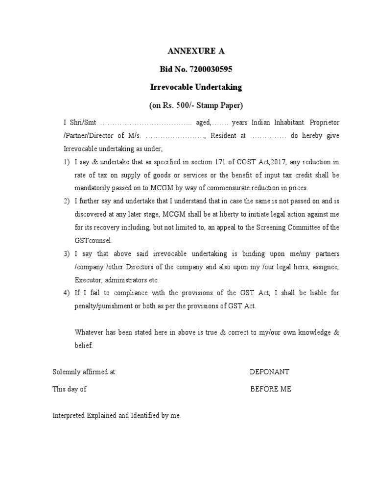Irrevocable Undertaking for GST Compliance | PDF