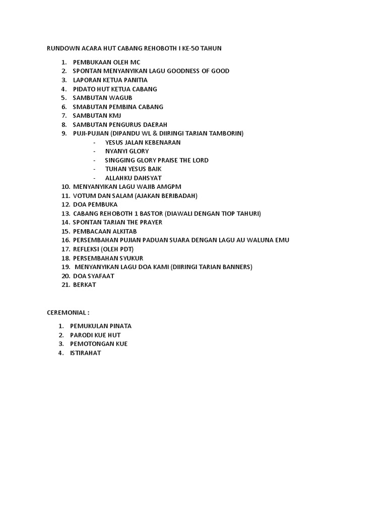 Rundown Acara Hut Cabang Rehoboth Iok | PDF