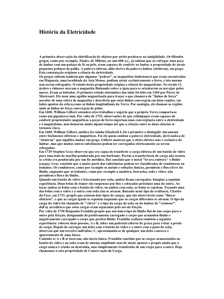 História Da Eletricidade Pdf Elétron Eletricidade