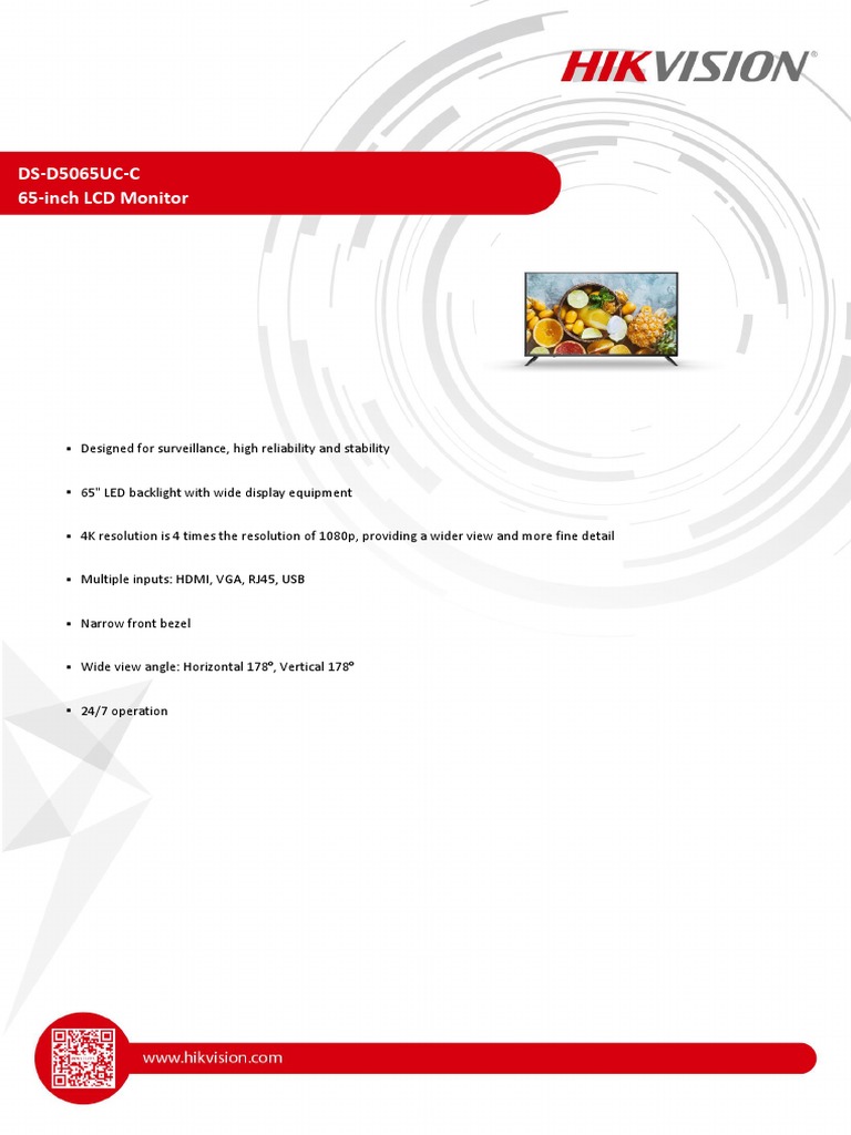 65-Inch 4K LCD Monitor for Surveillance | PDF | Display Resolution | Video