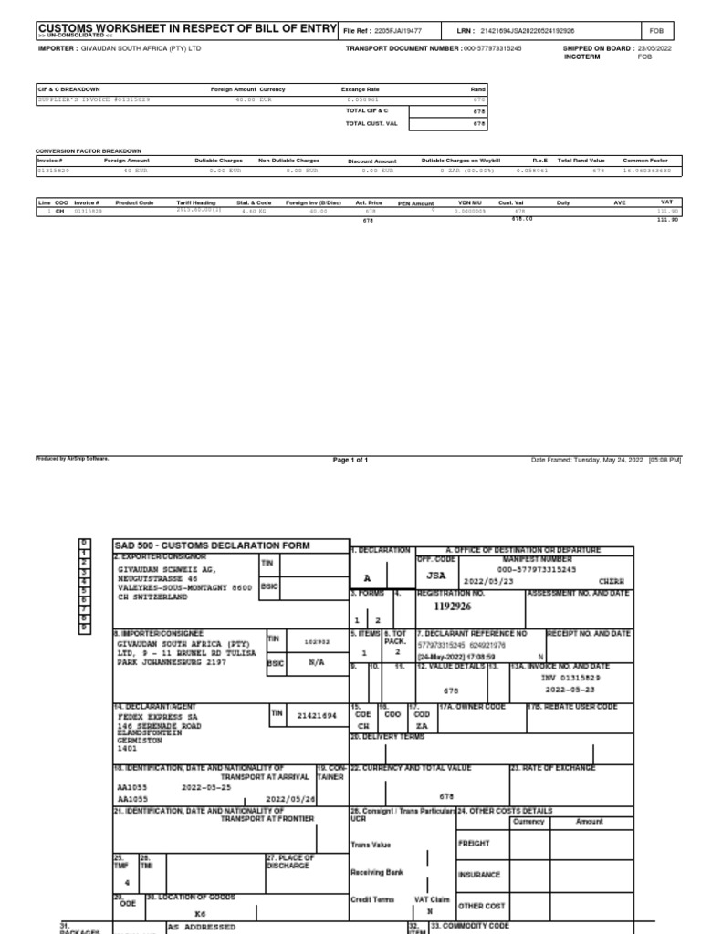 Customs Worksheet in Respect of Bill of Entry: SUPPLIER'S INVOICE ...