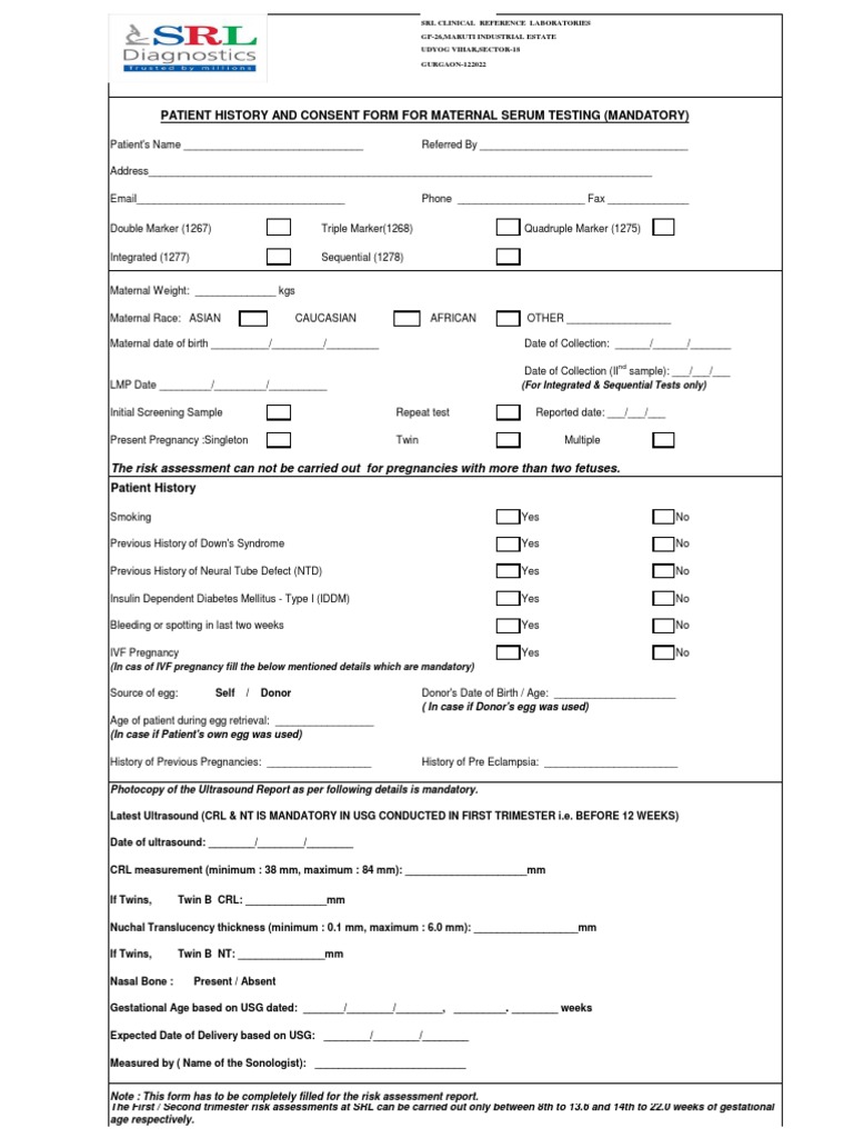Patient History and Consent Form For Maternal Serum Testing (Mandatory ...
