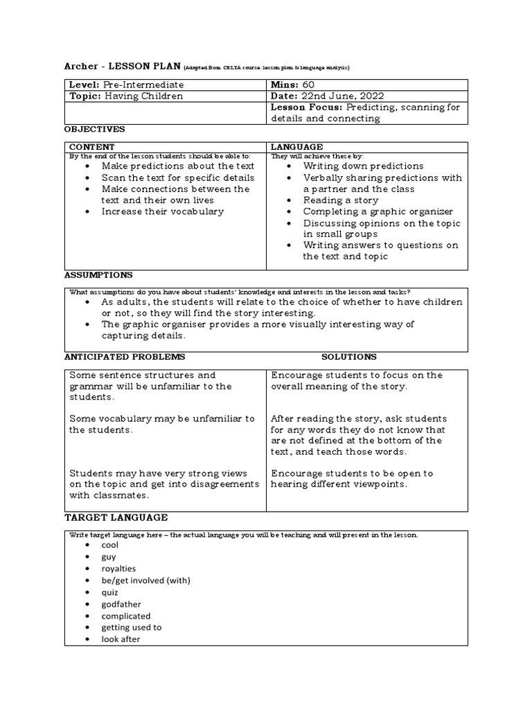 Archer - Lesson Plan - Reading Comprehension | PDF | Vocabulary ...