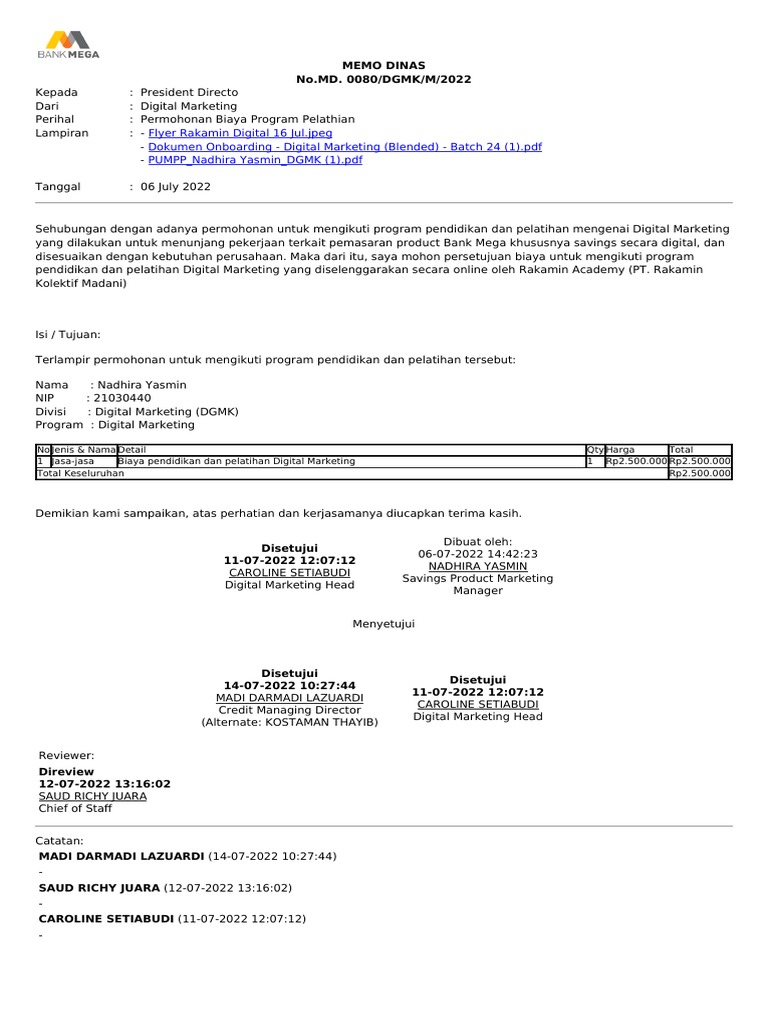 Permohonan Biaya Pelatihan Digital Marketing | PDF | Bisnis | Pengelolaan Keuangan & Uang