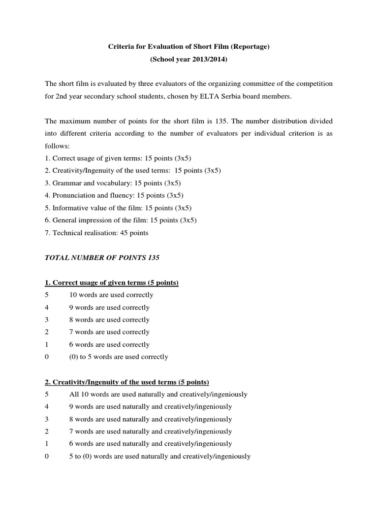 Criteria For Evaluation of Short Film (Reportage) (School Year 2013/ ...
