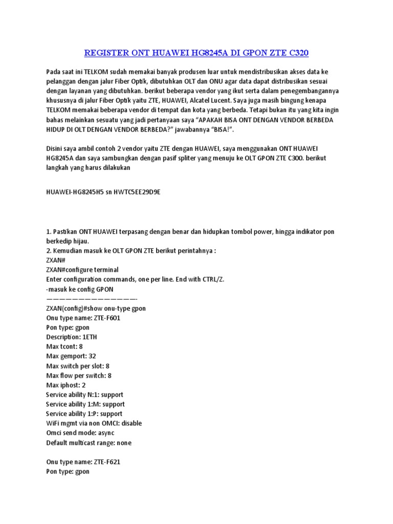 Register Ont Huawei Hg8245a Di Gpon Zte C320 | PDF