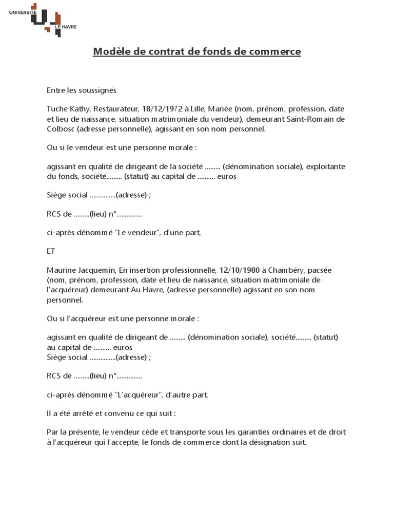Modèle de contrat de cession de fonds | PDF | Banques | Compte bancaire