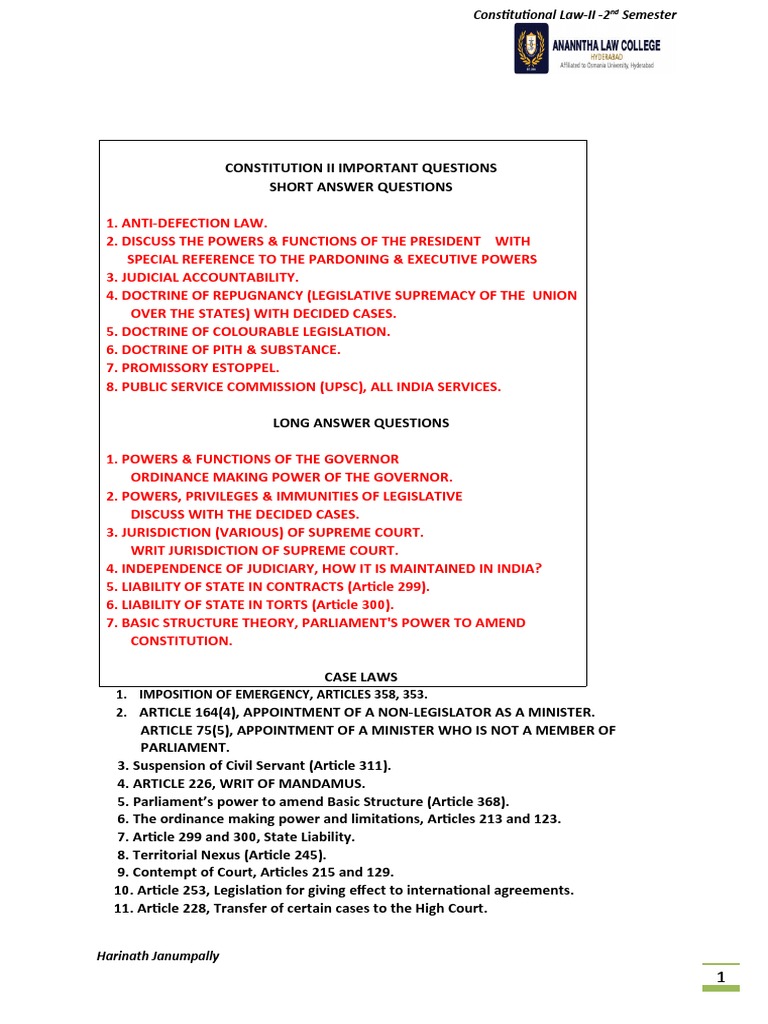 CONSTITUTIONAL LAW II STUDY MATERIAL | PDF | Tort | Supreme Court Of India