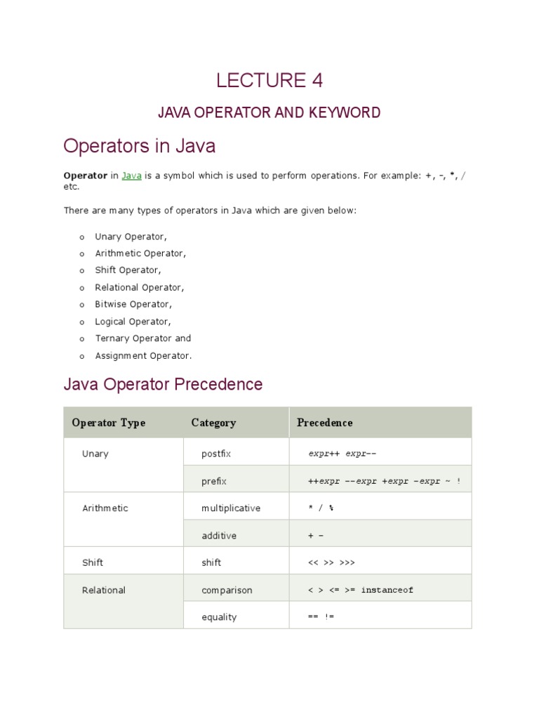 Lecture 4 - Operators and Keyword | Download Free PDF | Class (Computer ...