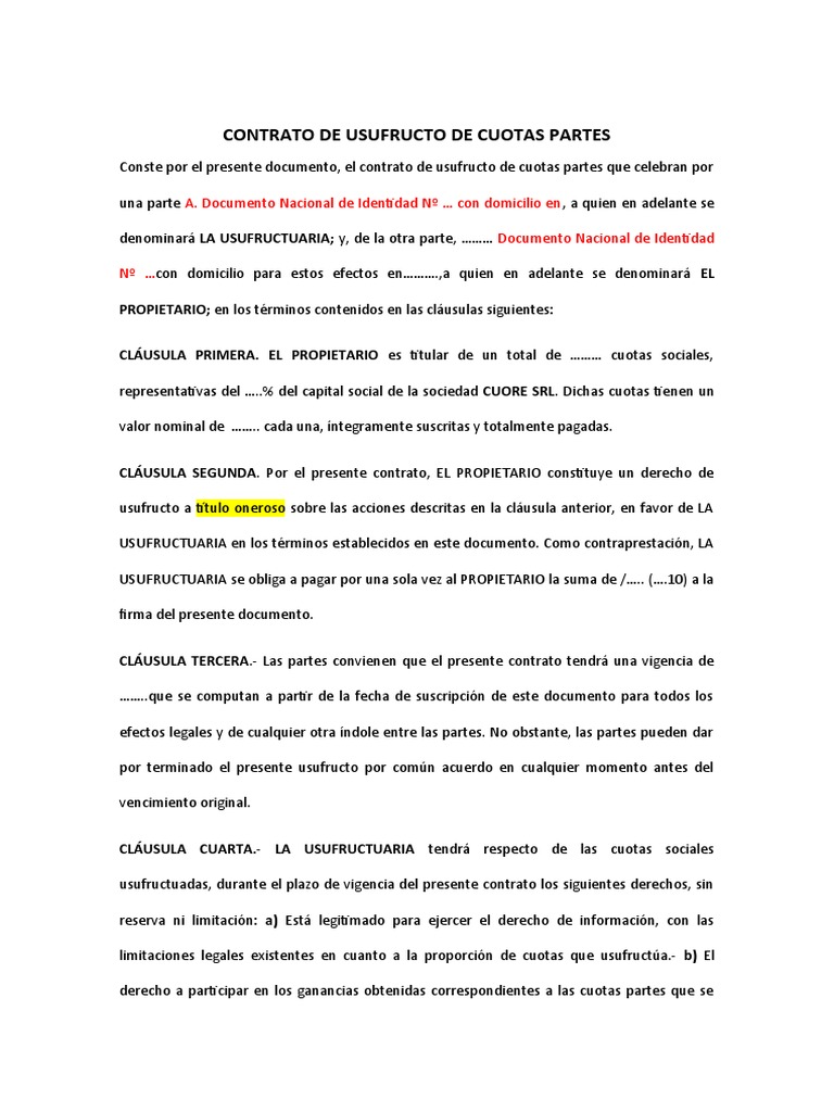 Contrato de Usufructo de Cuotas Partes | PDF | Propiedad | Justicia