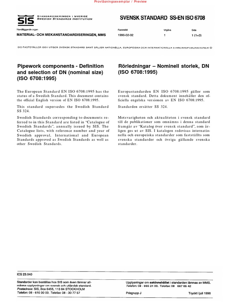 Pipework Components - Definition and Selection of DN (Nominal Size) (ISO 6708:1995) Rörledningar ...
