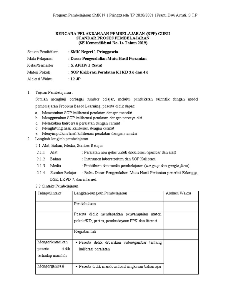 RPP 6 Sop Kalibrasi Peralatan | PDF